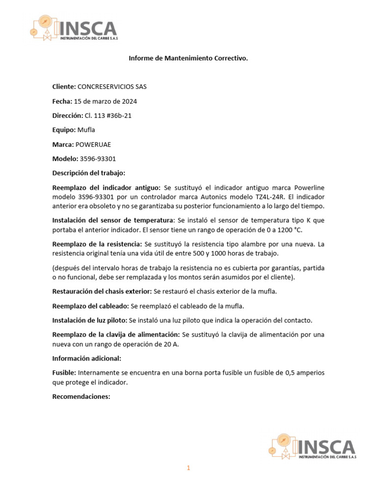 Mufla Informe de Mantenimiento | PDF