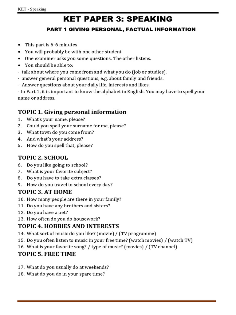 Ket Speaking Part 1 Questions | PDF | Language Arts & Discipline