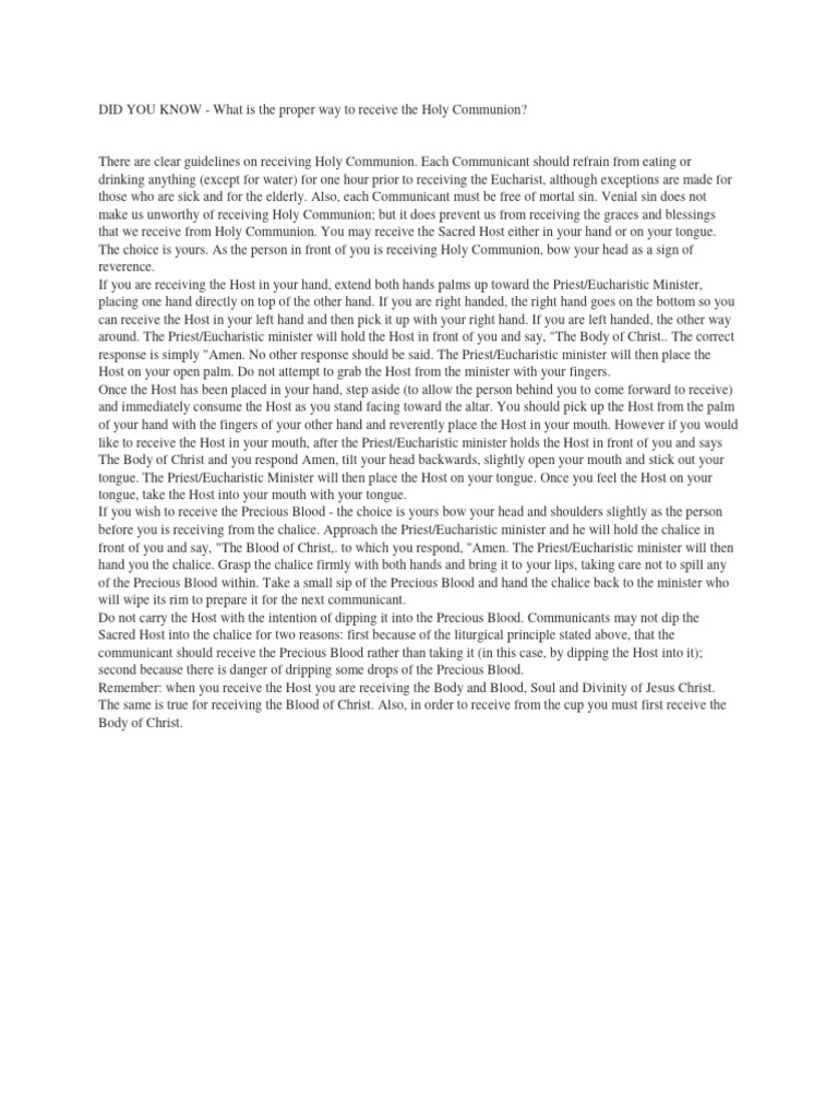 The Proper Way To Receive Holy Communion Pdf Eucharist Christian