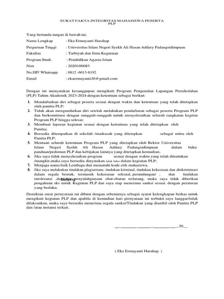 Surat Fakta Integritas Mahasiswa PLP Eka Ermayanti Harahap | PDF