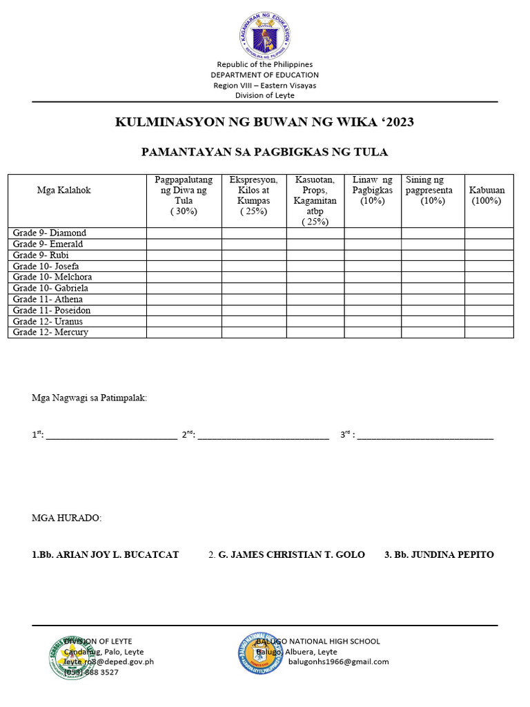 BUWAN NG WIKA RUBRICS | PDF