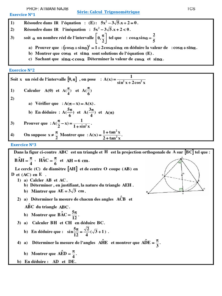 Calcul Trigonometrique 2 Exercices Non Corriges 3 1 | PDF