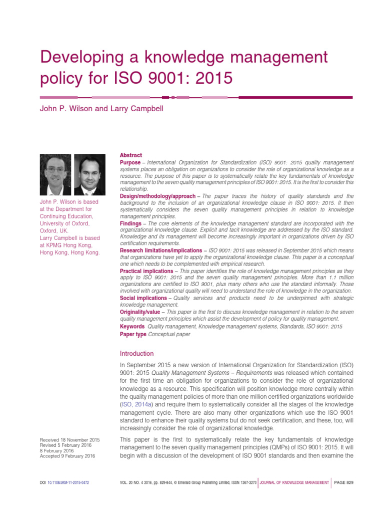 Developing A Knowledge Management Policy For ISO 9001: 2015: John P ...
