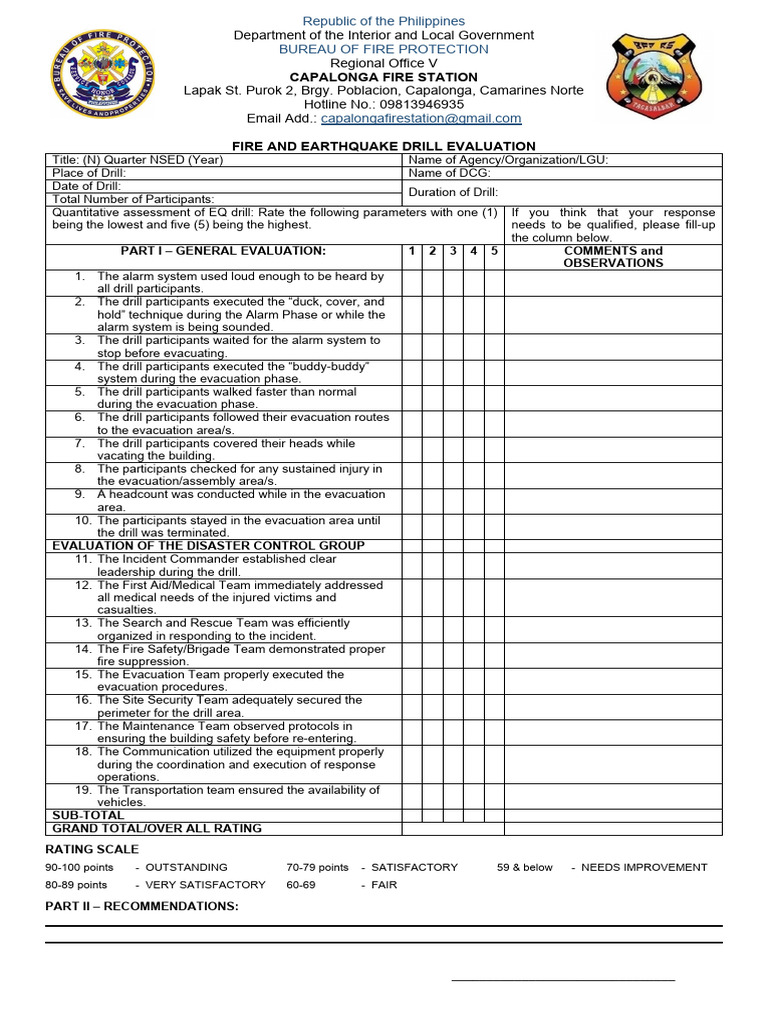 FIRE and EARTHQUAKE DRILL EVALUATION | PDF | Emergency Evacuation ...