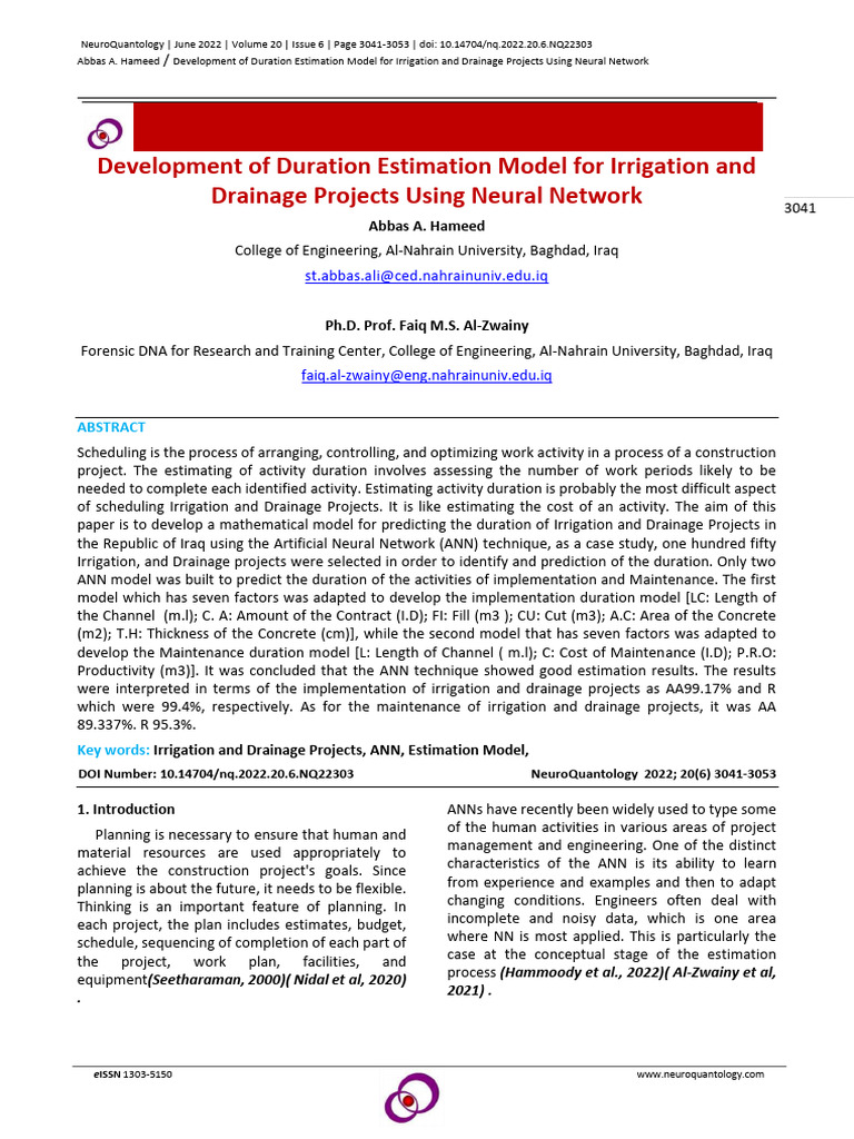 Development Of Duration Estimation Model For Irrigation And Drainage Projects Using Neural