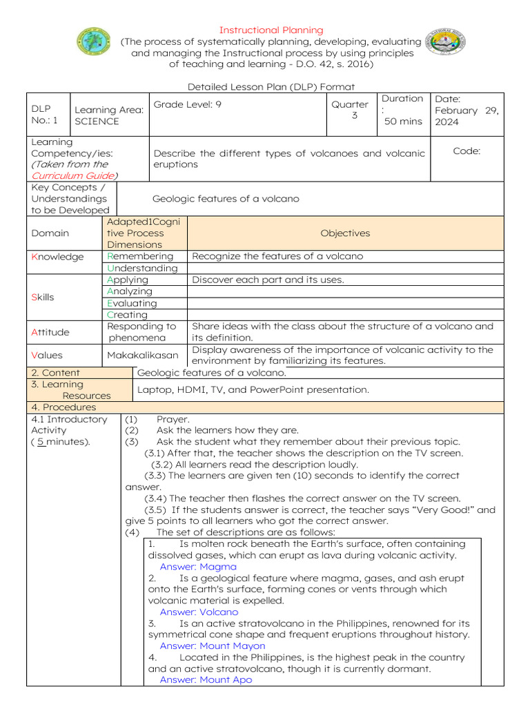 Detailed Lesson Plan (GEOLOGIC FEATURE OF A VOLCANO) | PDF | Volcano ...