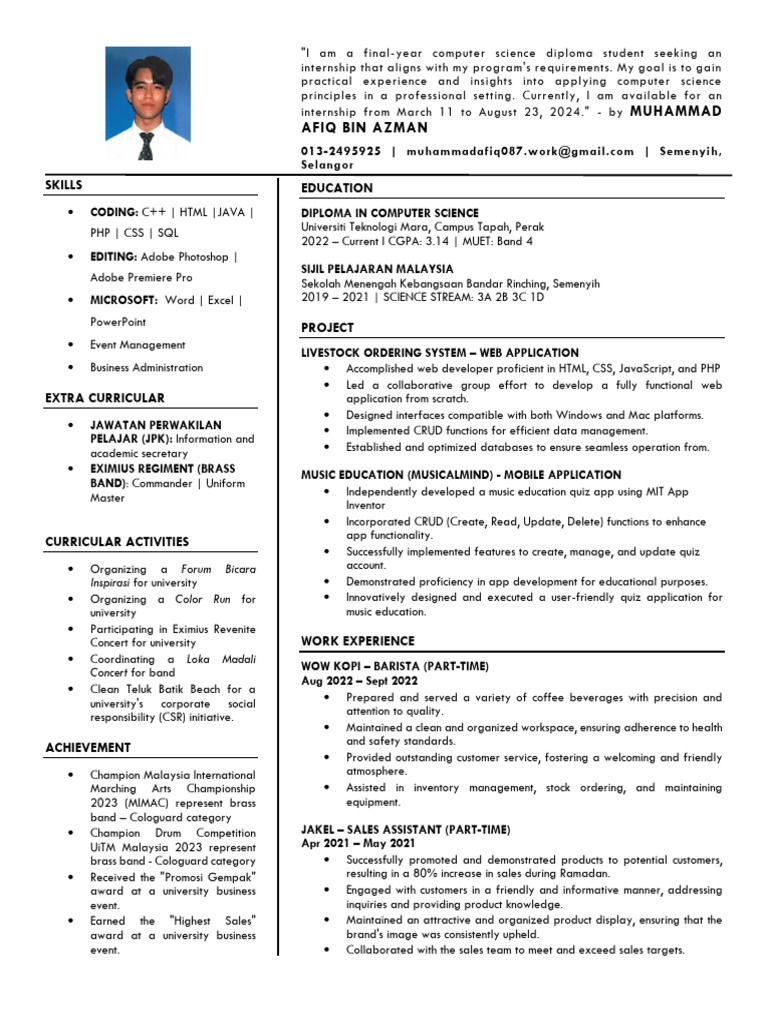 Resume - Afiq Azman (UiTM Tapah) | PDF | Web Application | Application ...