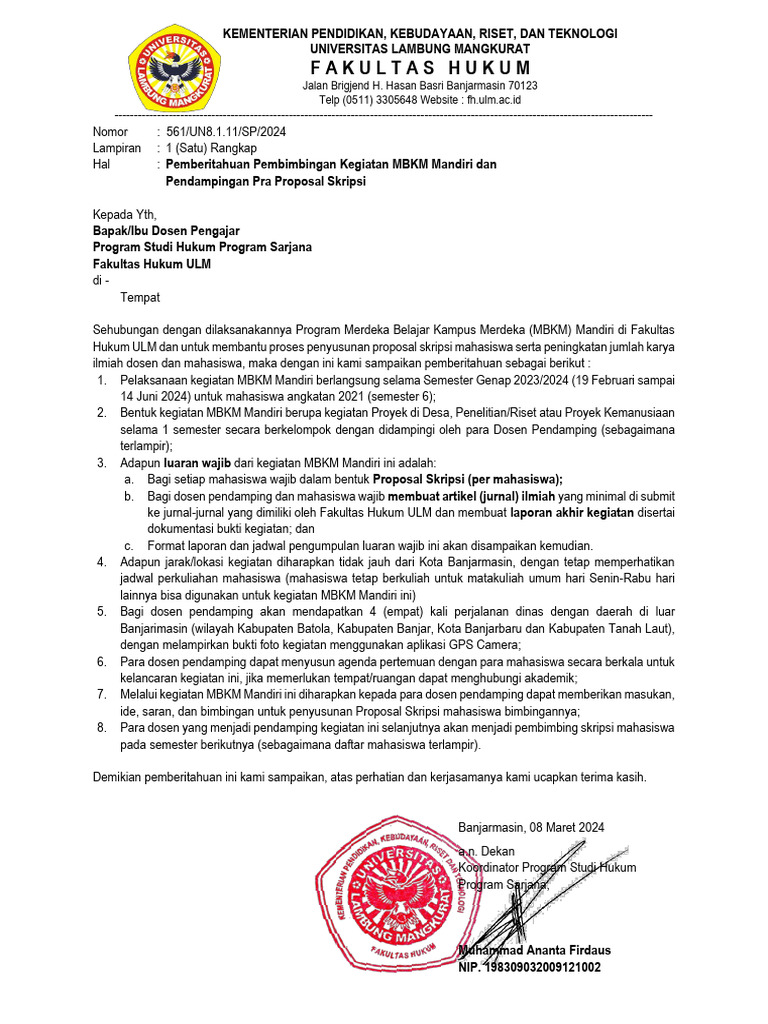 Surat Pemberitahuan MBKM Dan Pra Proposal | PDF | Pengembangan Diri