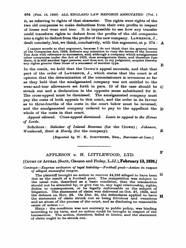 Appleson V H Littlewood LTD - (1939) 1 All E | PDF