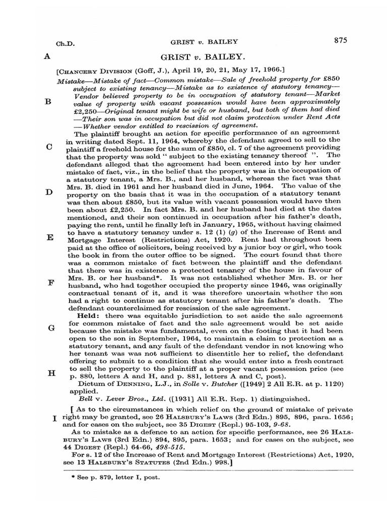 Grist V Bailey - (1966) 2 All ER 875 | PDF