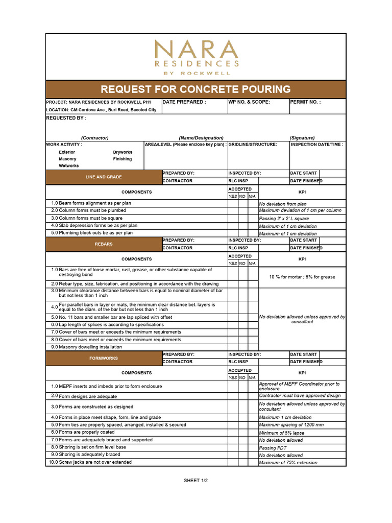 CONCRETE POURING CHECKLIST | Download Free PDF | Building Engineering | Building Materials