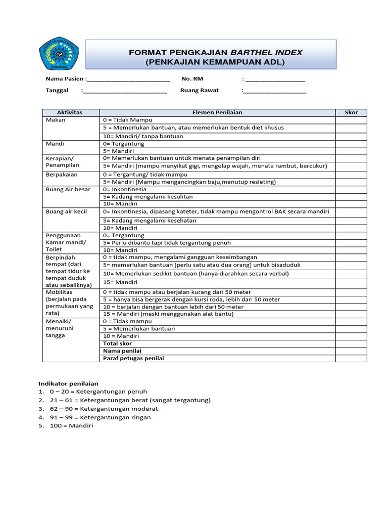 Format Penilaian Barthel Index ADL | PDF