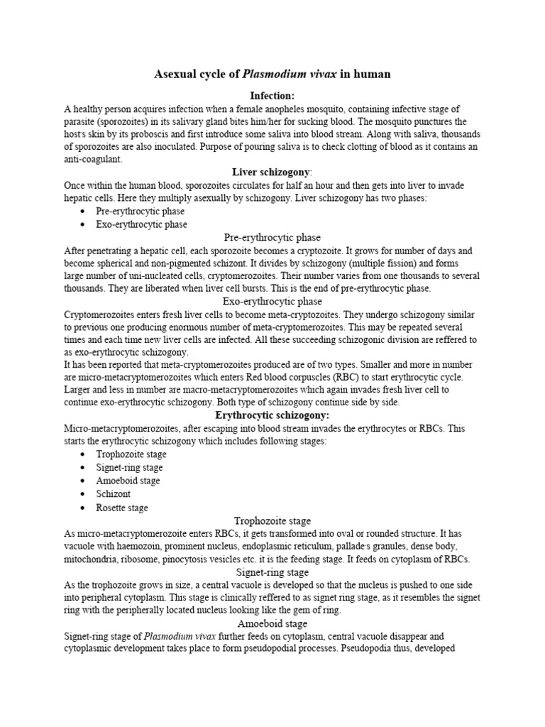 Asexual Cycle of Plasmodium Vivax in Human 1 | PDF | Plasmodium | Biology