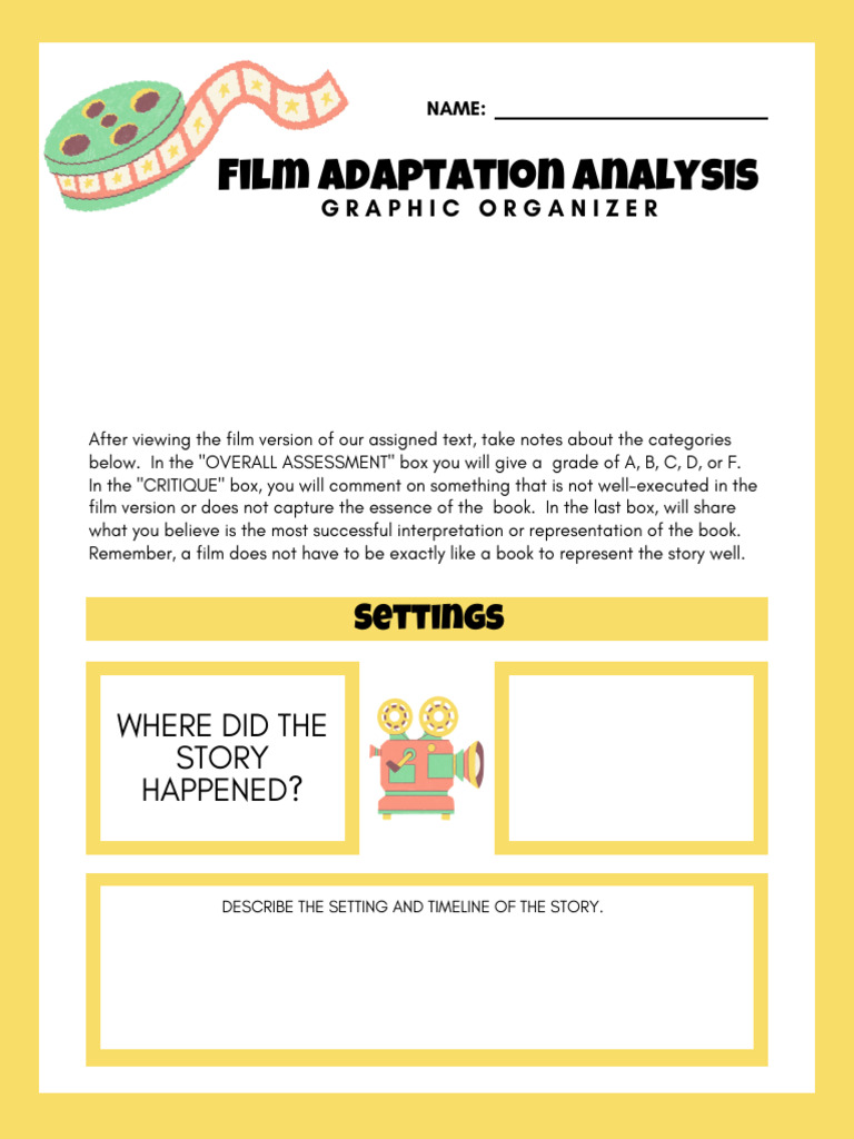 Film Adaptation Analysis Graphic Organizer Worksheet Yellow and White ...