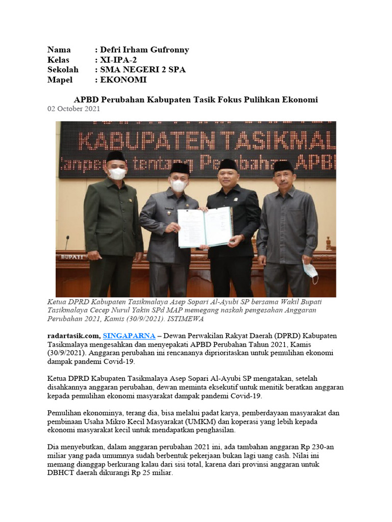 APBD Perubahan Kabupaten Tasik Fokus Pulihkan Ekonomi | PDF