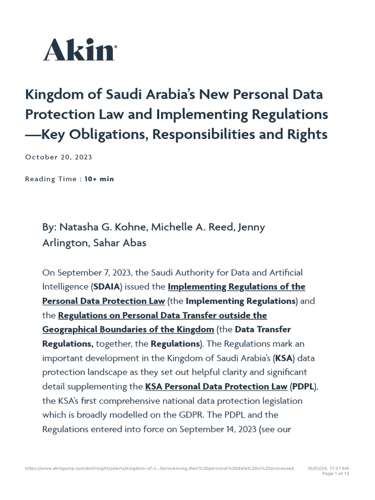 Kingdom of Saudi Arabia's New Personal Data Protection Law and Implementing Regu | PDF | Consent ...