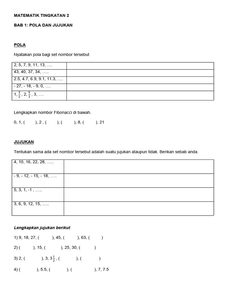 Matematik Tingkatan 2 Bab 1 Pola Dan Jujukan | PDF