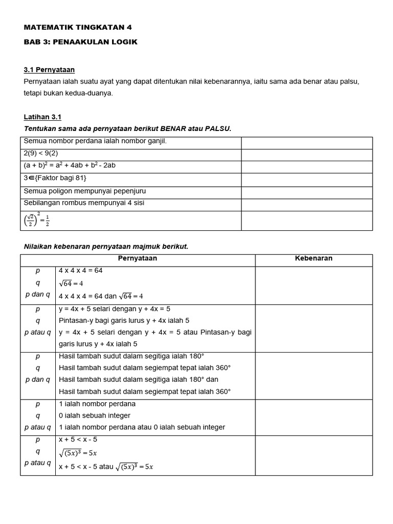 Matematik Tingkatan 4 Bab 3 Penaakulan Logik | PDF