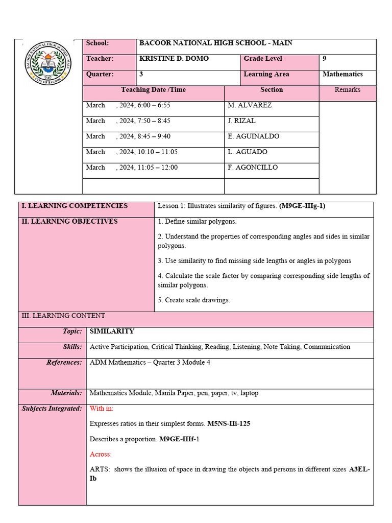Lesson Plan Similarity of Triangle | PDF | Length | Shape