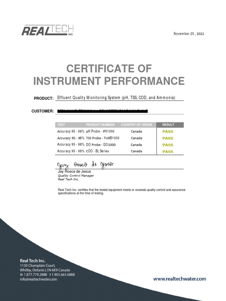 Certificate of Performance Real Tech - For Biosant | PDF