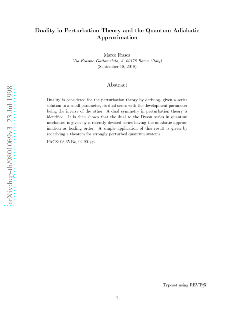 Duality in Perturbation Theory and The Quantum Adiabatic Approximation | PDF | Teaching Methods ...