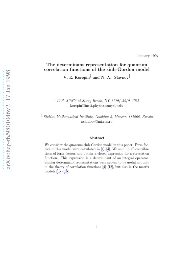 The Determinant Representation For Quantum Correlation Functions of The ...