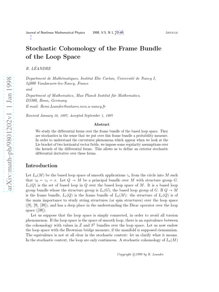 Stochastic Cohomology of The Frame Bundle of The Loop Space | PDF | Differential Form | Field ...