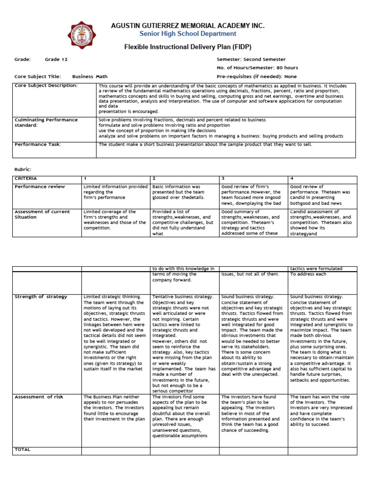 Shs Fidp Business Math Final | PDF | Strategic Management | Mathematics