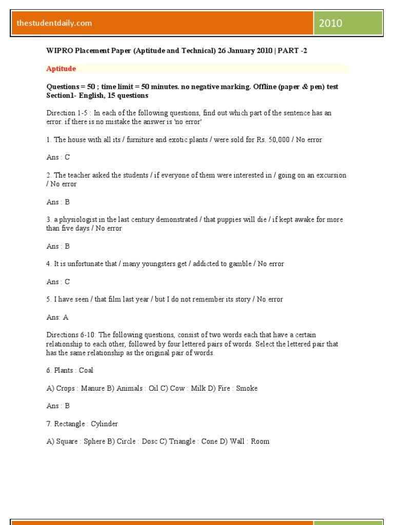 WIPRO Placement Pape3 | PDF | Teaching Mathematics | Nature