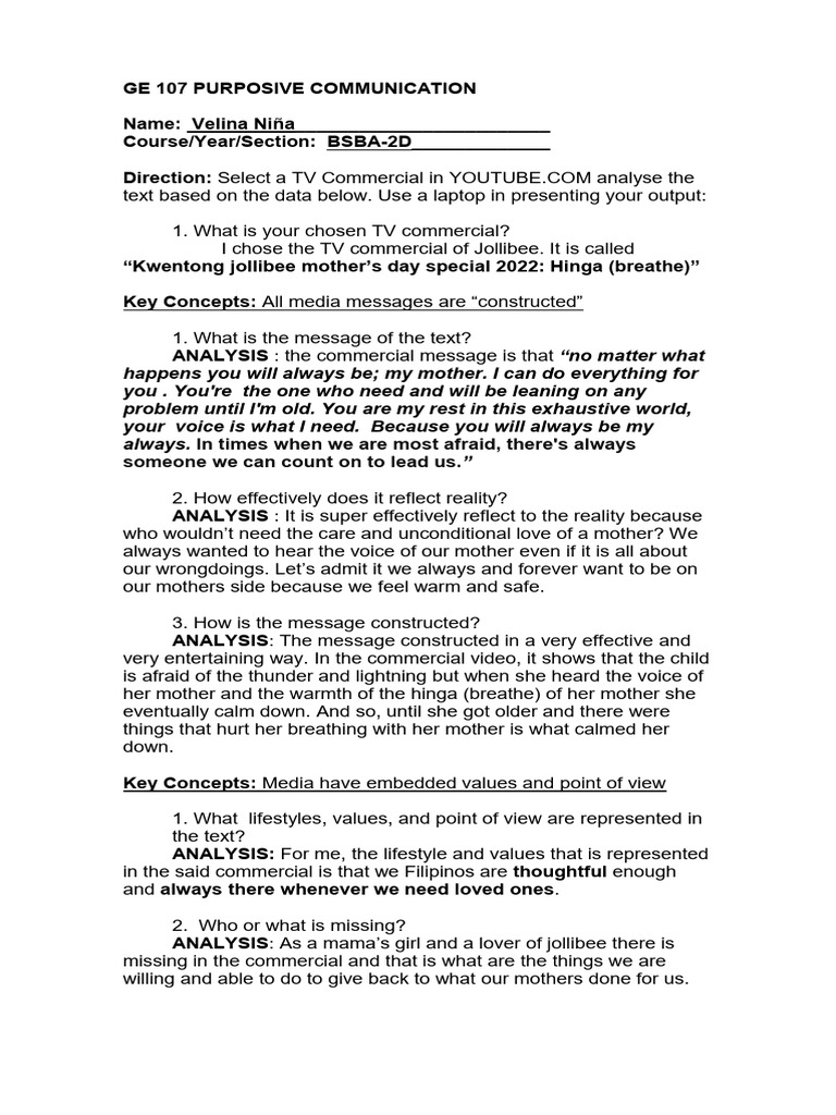 GE 107 PURPOSIVE COMMUNICATION (TV Commercial Analysis) | PDF ...