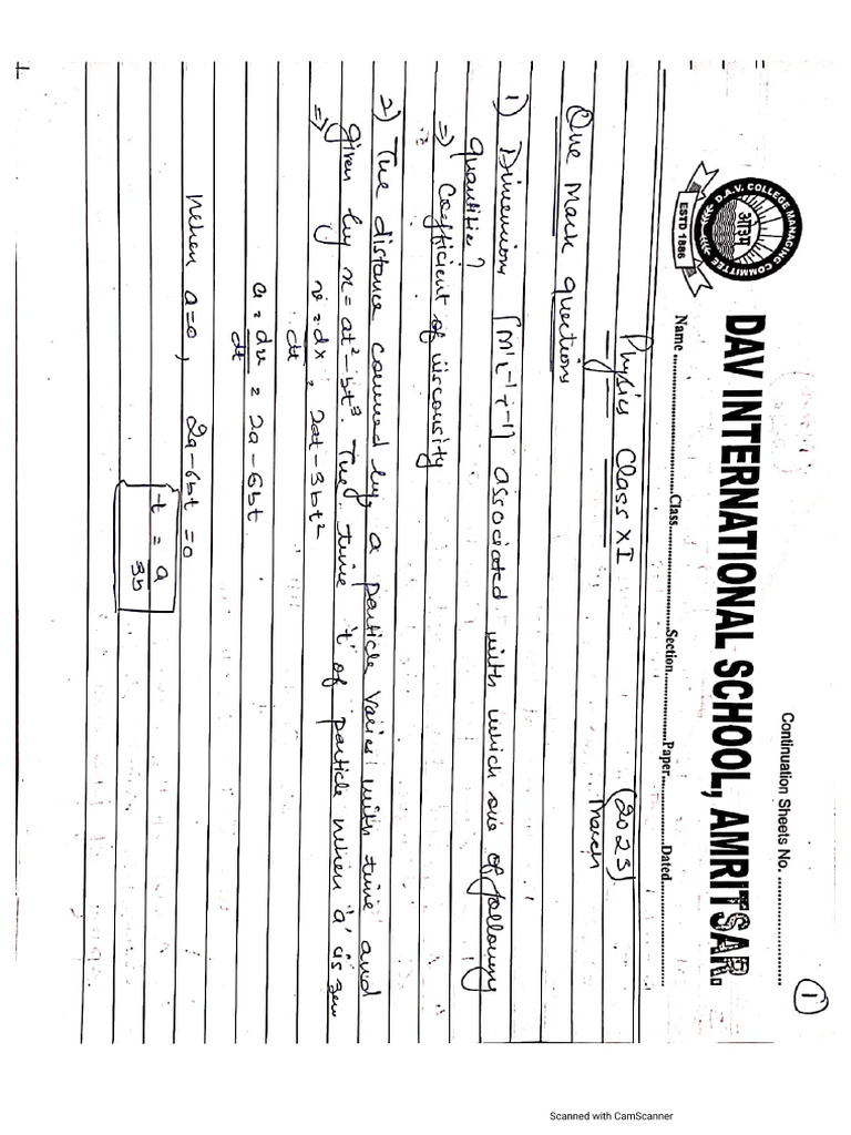 XI Physics DAV Board One Mark Solve Questions Till Sample Paper 23-24-1 ...