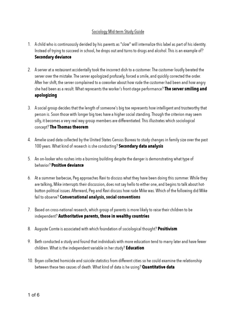 Sociology Mid-Term Study Guide | PDF | Sociology | Deviance (Sociology)