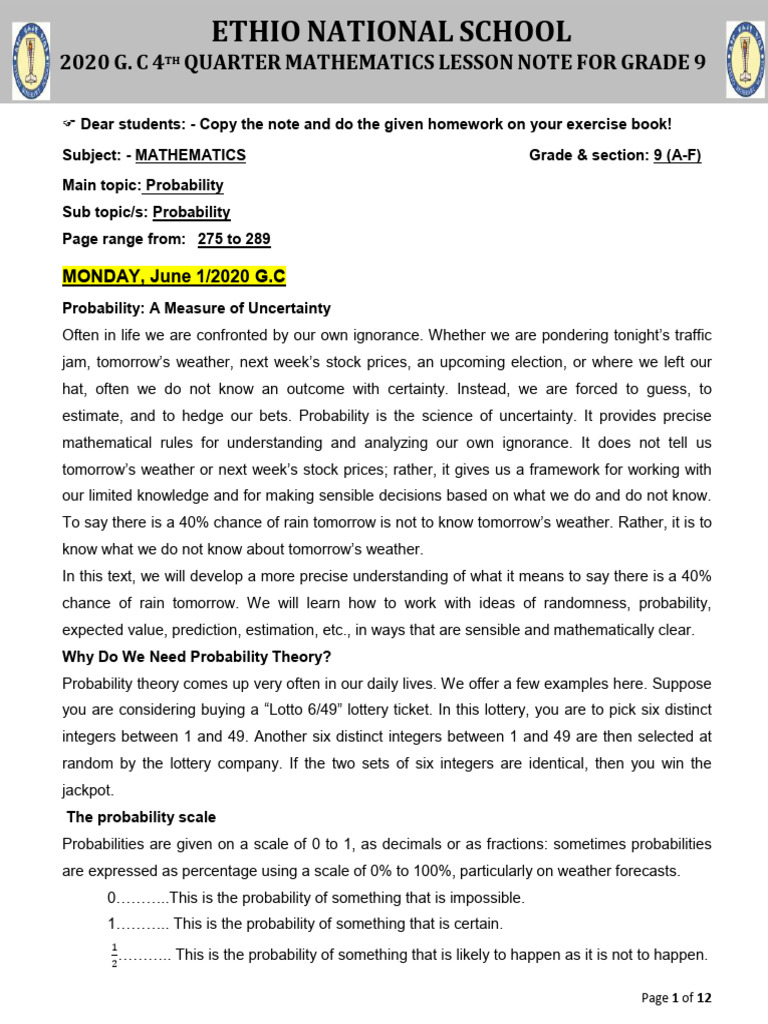 Grade 9 Mathematics Lesson Note June 08,2020 | PDF | Probability ...