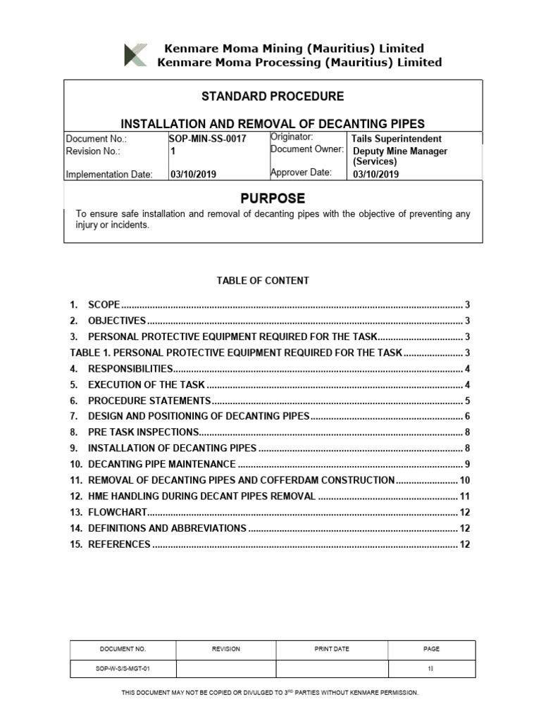 SOP-MIN-SS-0017 Installation and Removal of Decanting Pipes Cover | PDF | Technology & Engineering