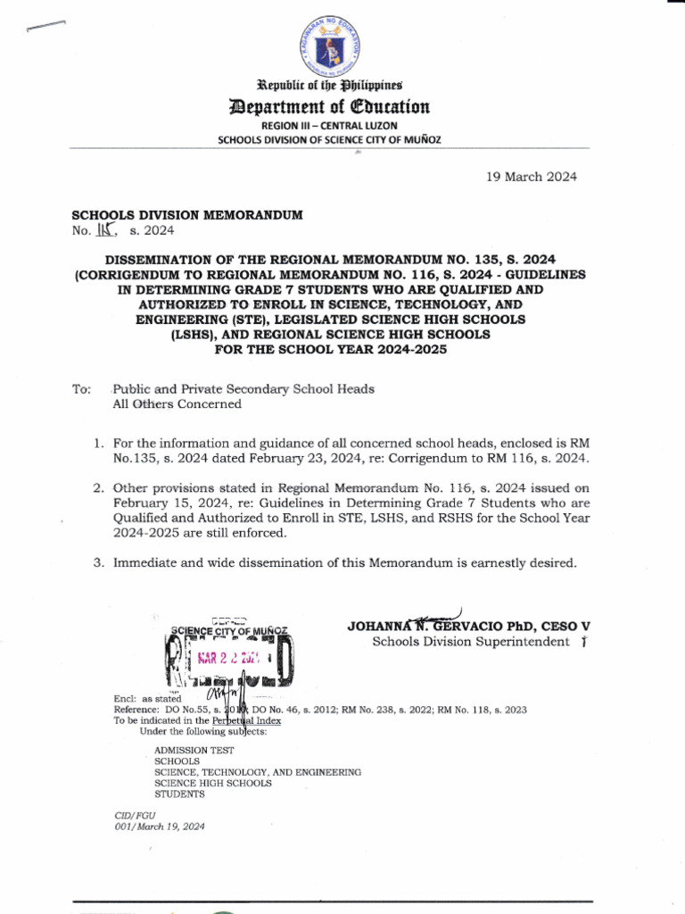 SDM No. 115, S. 2024 - DISSEMINATION OF THE REGIONAL MEMORANDUM NO. 135 ... SDM No. 115, S. 2024 - DISSEMINATION OF THE REGIONAL MEMORANDUM NO. 135 ...