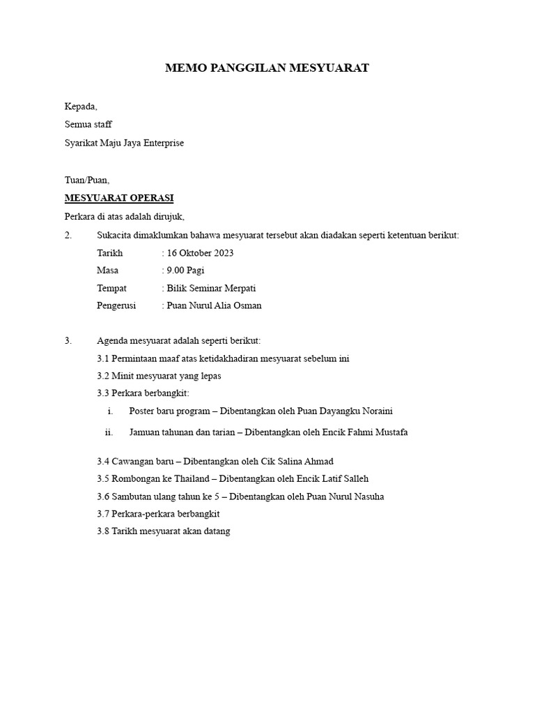 Memo Panggilan Mesyuarat | PDF