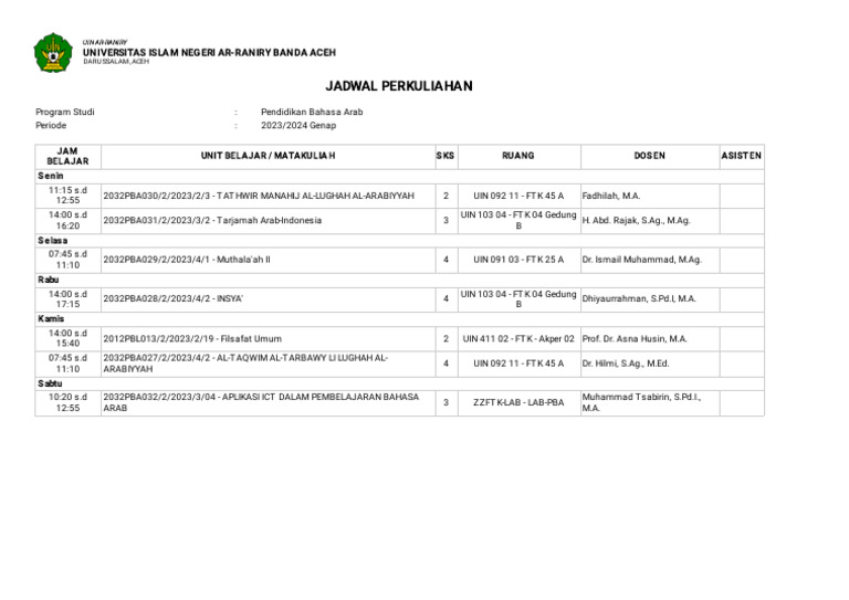 Roster Jadwal Perkuliahan | PDF