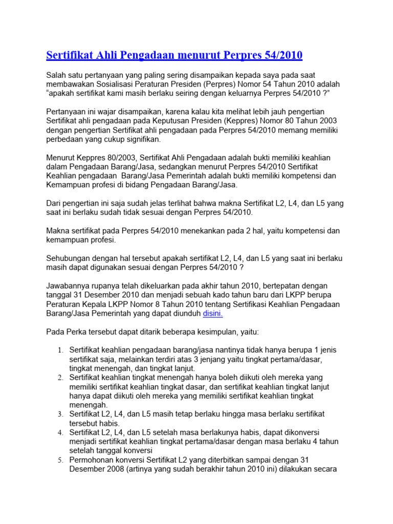 Sertifikat Ahli Pengadaan Menurut Perpres 54 | PDF | Karier & Perkembangan | Komputer