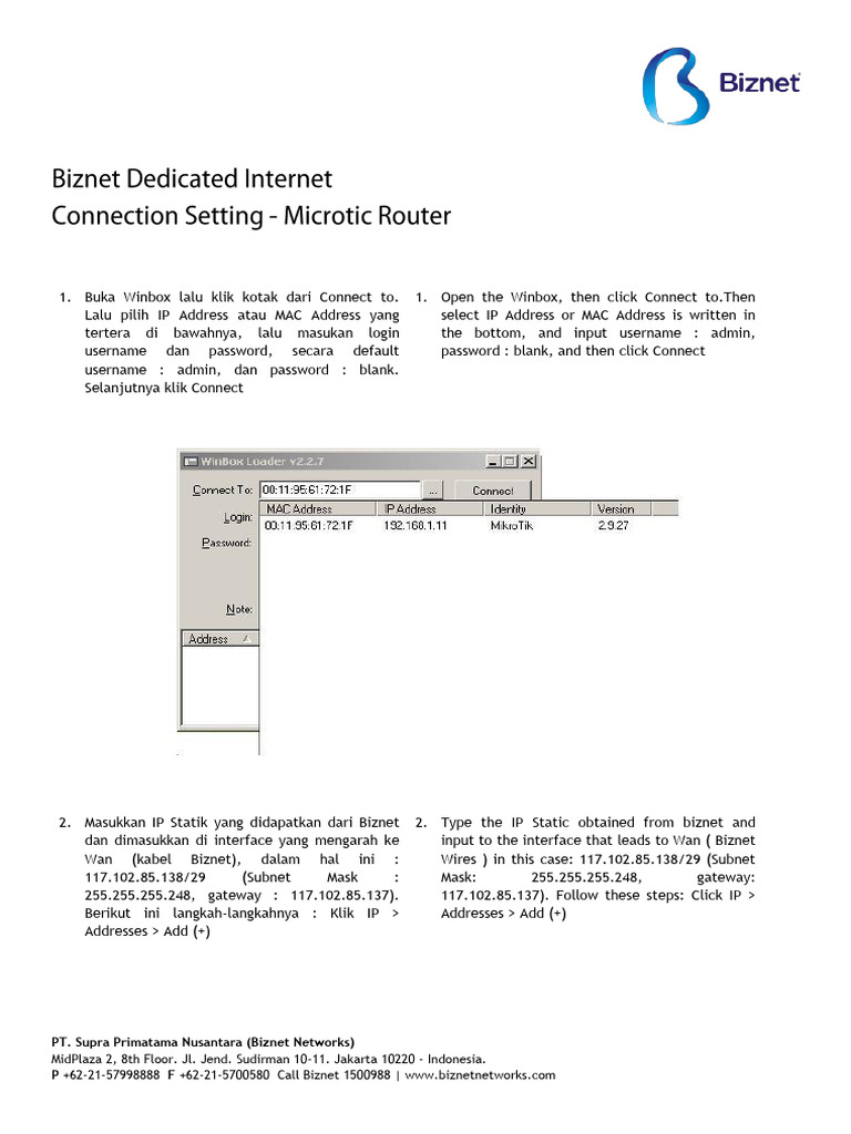 Biznet Dedicated Internet Connection Setting Microtic Router | PDF
