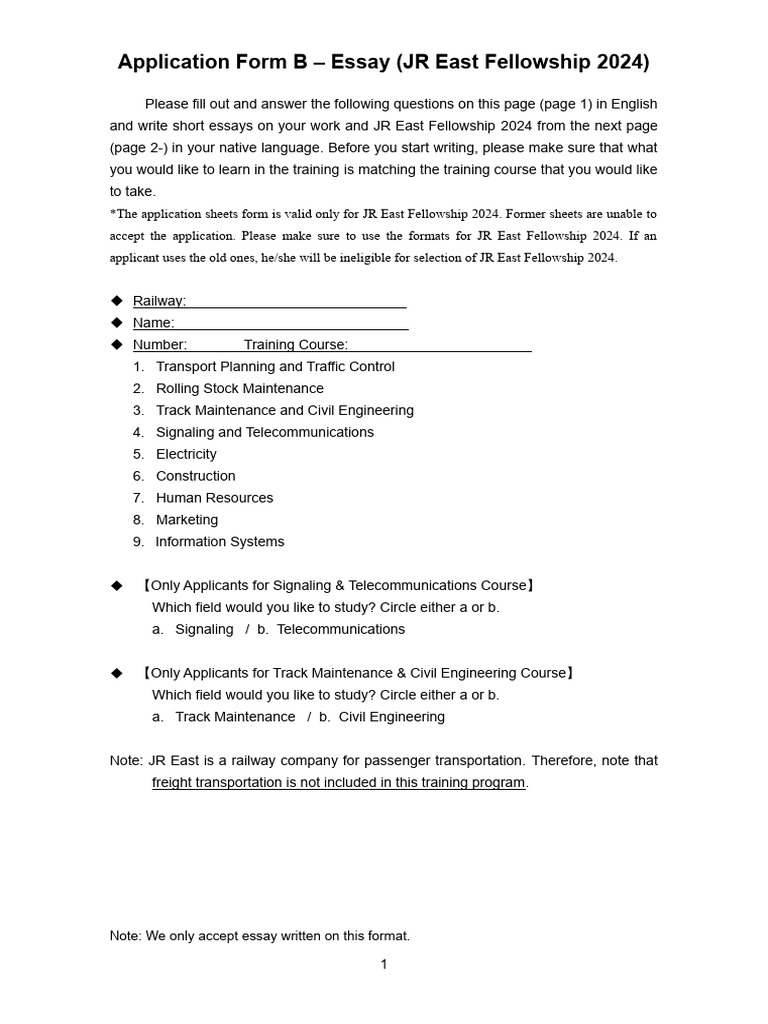 4. Application Form B- Essay for JR East Fellowship 2024 | PDF