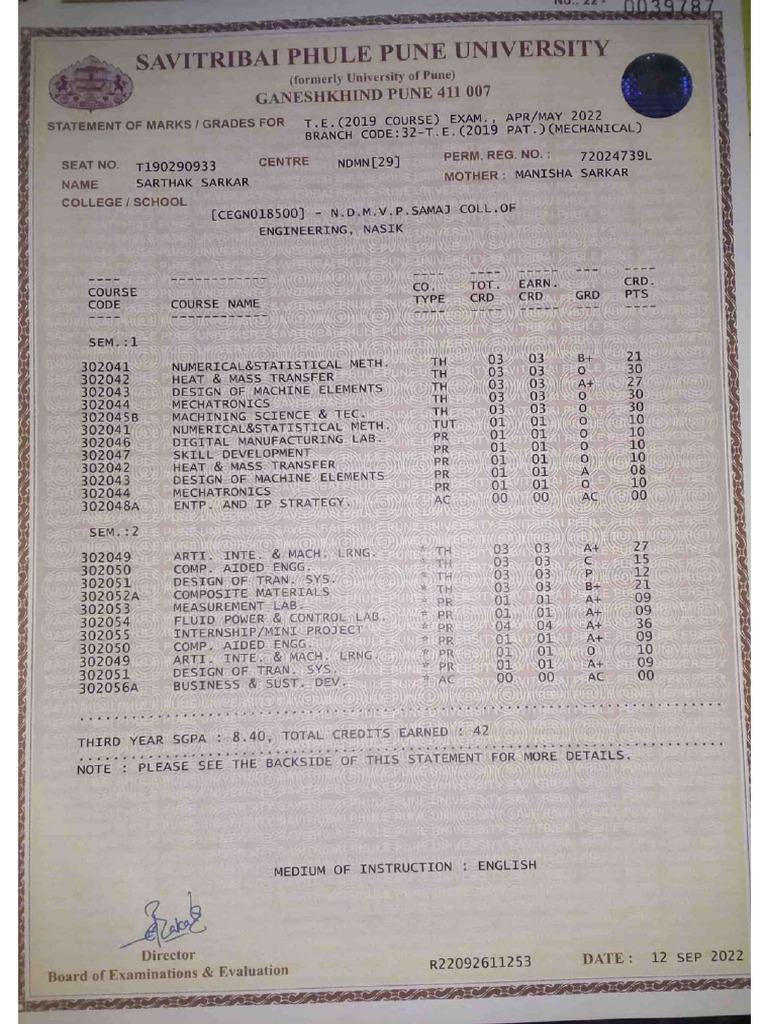 3rd year marksheet | PDF