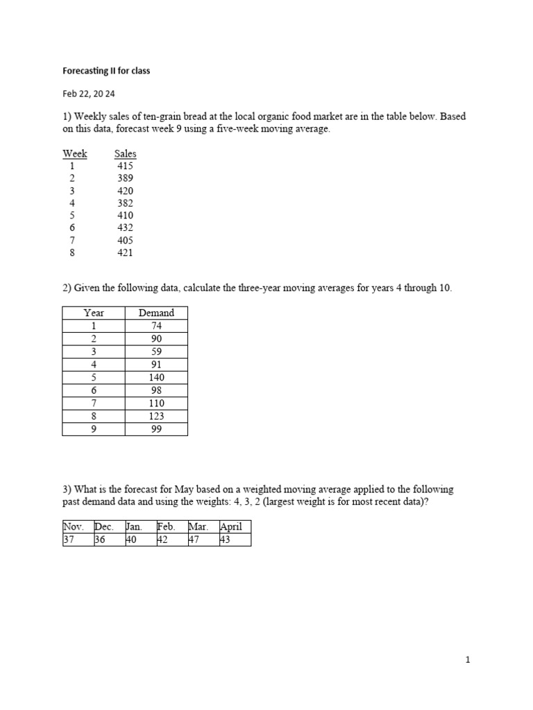 Forecasting Ii For Class Without Ans Pdf Forecasting Moving Average