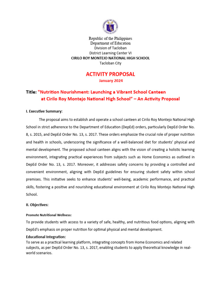 CRMNHS School Canteen Proposal | Download Free PDF | Regulatory ...