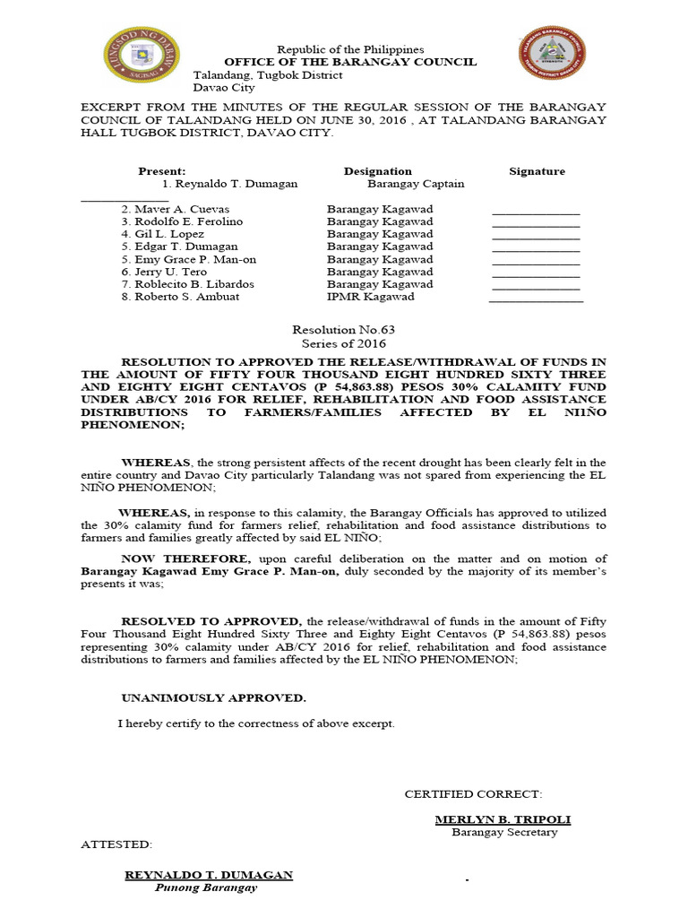 Resolution for Calamity Fund Release | PDF | Philippines