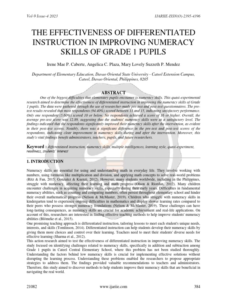 THE EFFECTIVENESS OF DIFFERENTIATED INSTRUCTION IN IMPROVING NUMERACY SKILLS OF GRADE 1 PUPILS ...
