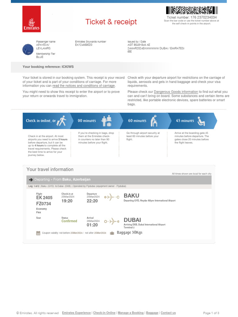 Emirates Flight Itinerary Baku-Dubai | PDF | Baggage | Aviation