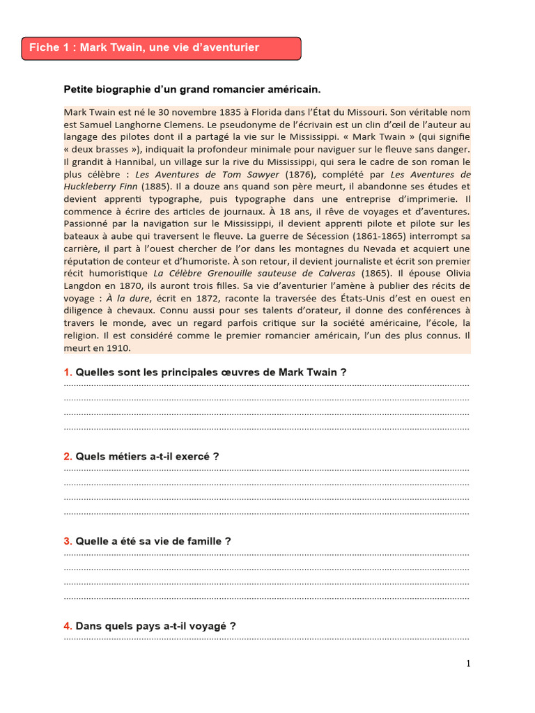 Biographie de Mark Twain, aventurier écrivain | PDF