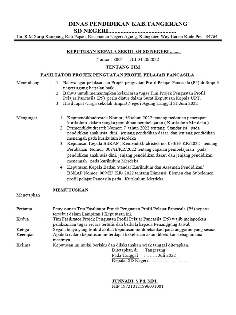 Contoh SK - Tim Fasilitator P5 (SD-SMP) | PDF