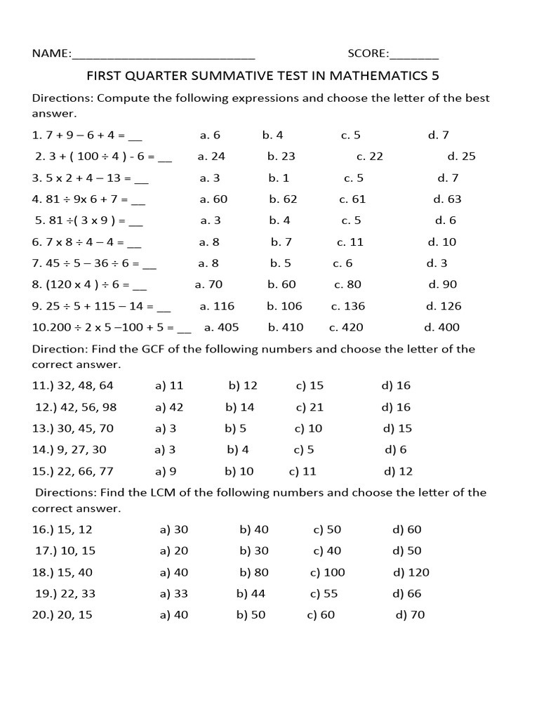 Q1 Summative Math | PDF | Mathematics | Arithmetic