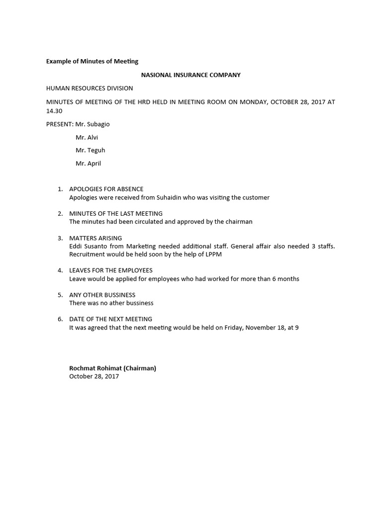 Example of Minutes of Meeting | PDF